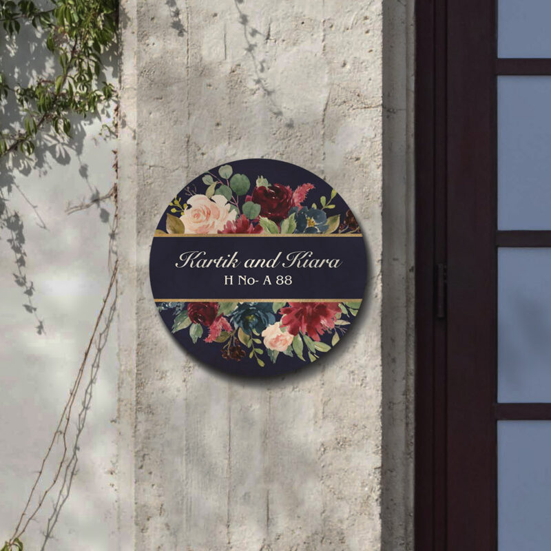 Dark Floral Circle Wooden Nameplate | Personalized | 12x12 Inch - Sblossom