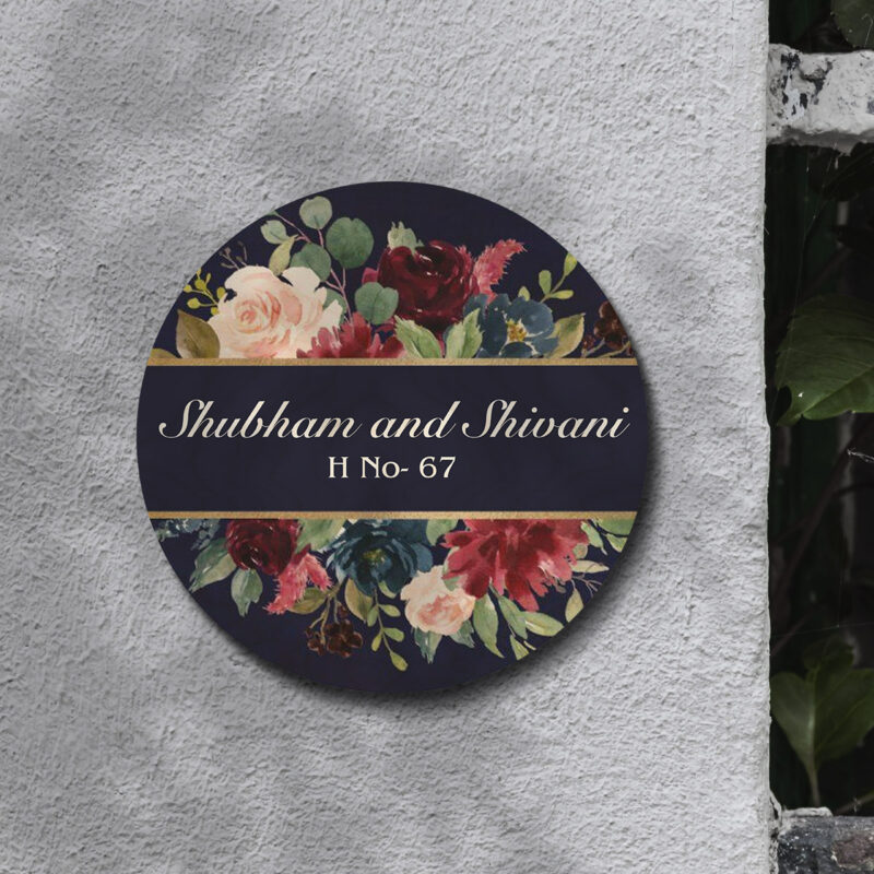 Dark Floral Circle Wooden Nameplate | Personalized | 12x12 Inch - Sblossom