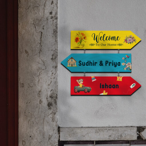 Customized Colored Wooden Name plate with Two Kids - Sblossom