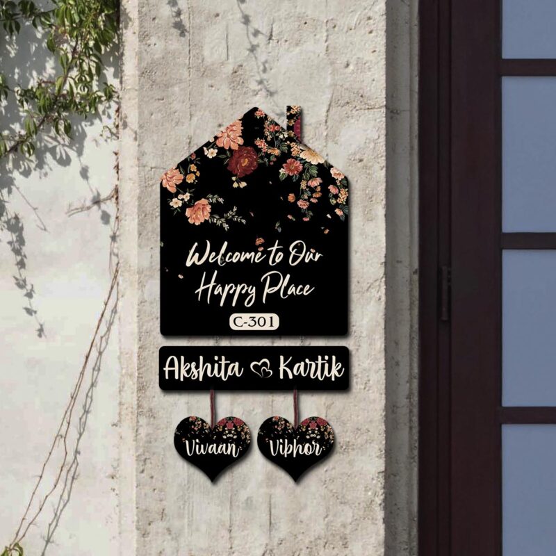 Personalized | Dark Floral Theme Hut Style Wooden Name Plate with Two ...